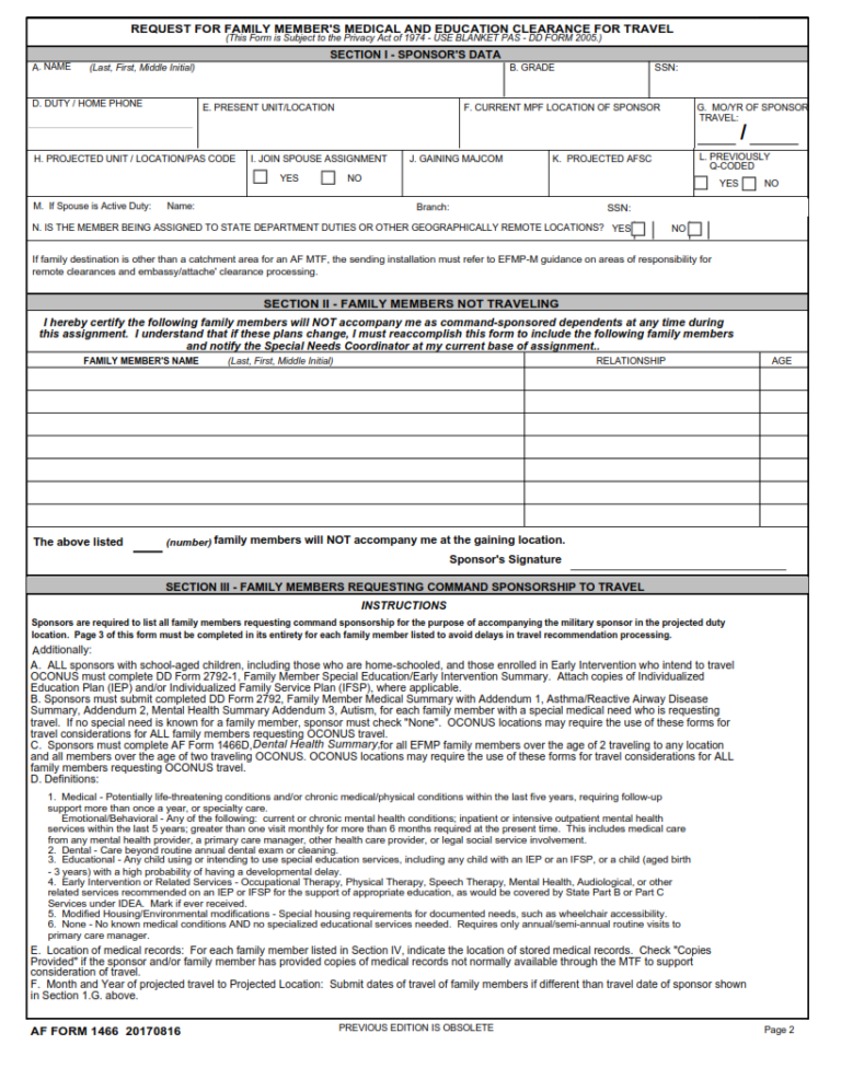 AF Form 1466 – Request For Family Member’s Medical And Education Clearance For Travel | Finder Doc