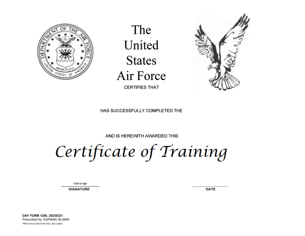 DAF Form 1256 – Certificate Of Training (LRA) | Finder Doc