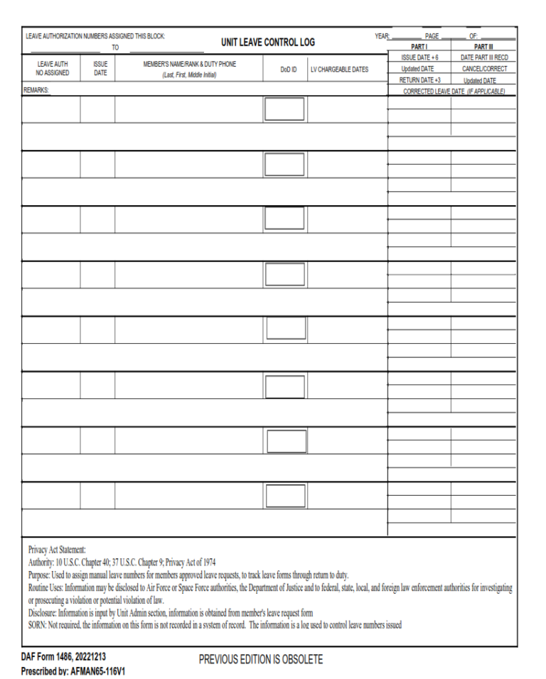 DAF Form 1486 – Unit Leave Control Log | Finder Doc