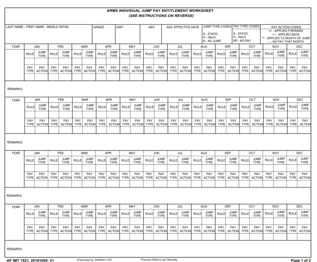 AF Form 1521 – Arms Individual Jump Pay Entitlement Worksheet | Finder Doc