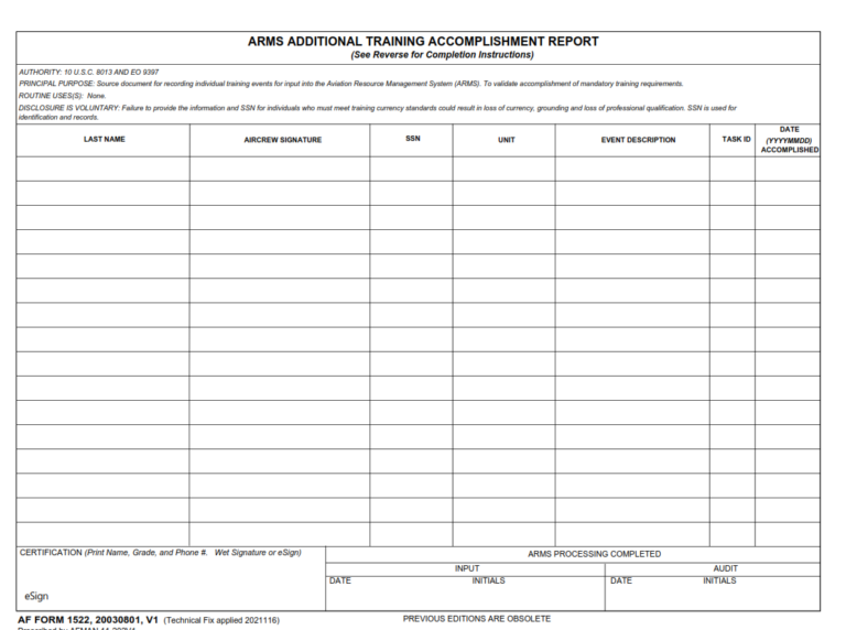 AF Form 1522 – Arms Additional Training Accomplishment Report | Finder Doc