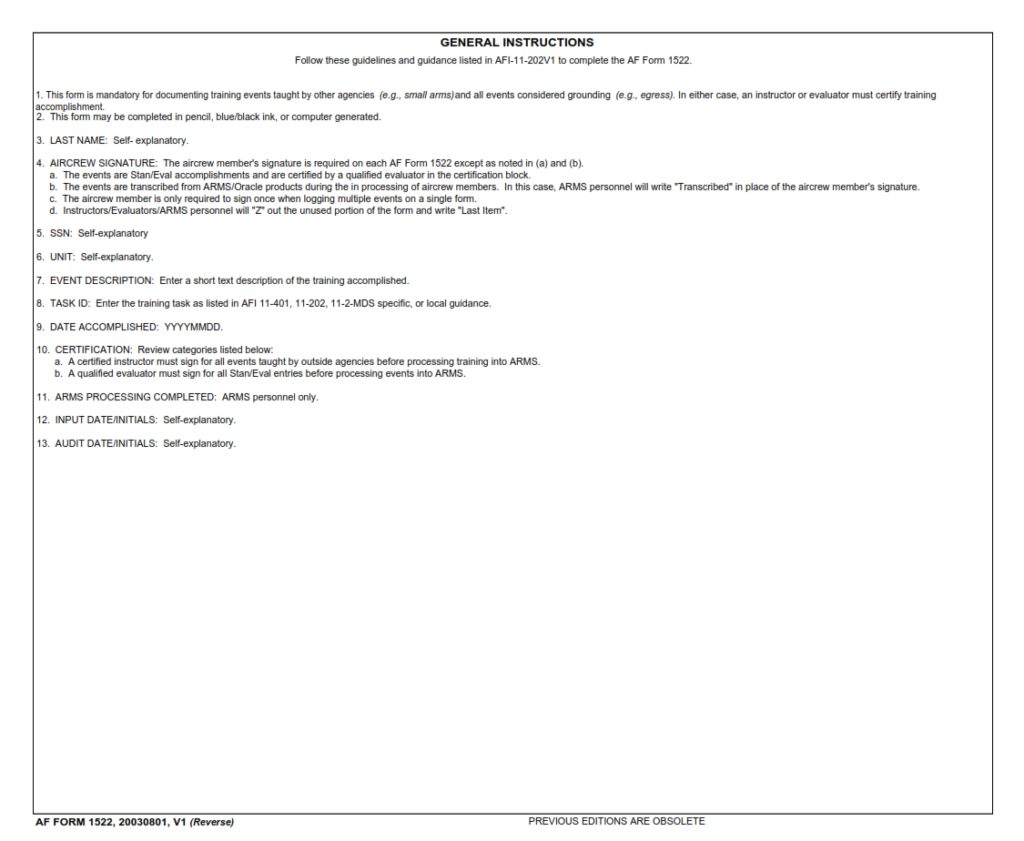 AF Form 1522 – Arms Additional Training Accomplishment Report | Finder Doc