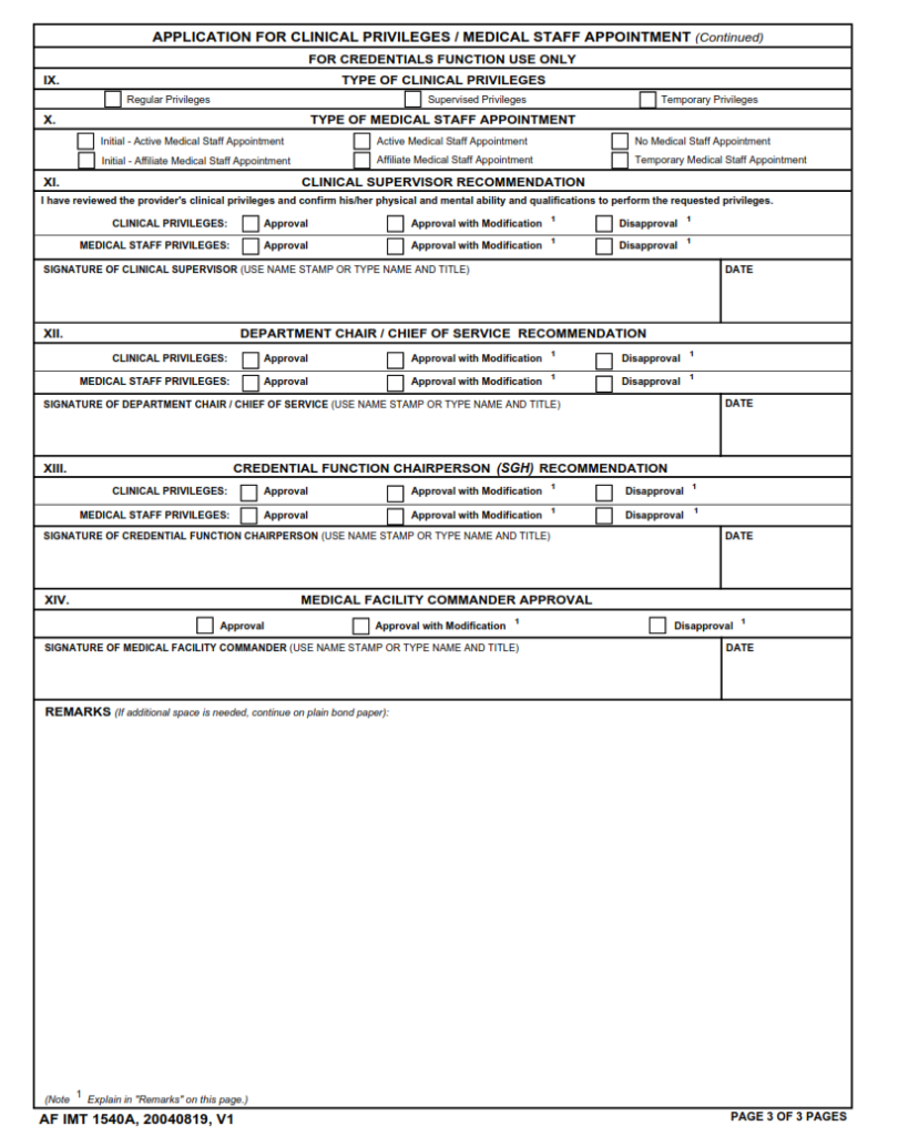 AF Form 1540A – Application For Clinical Privileges/Medical Staff ...