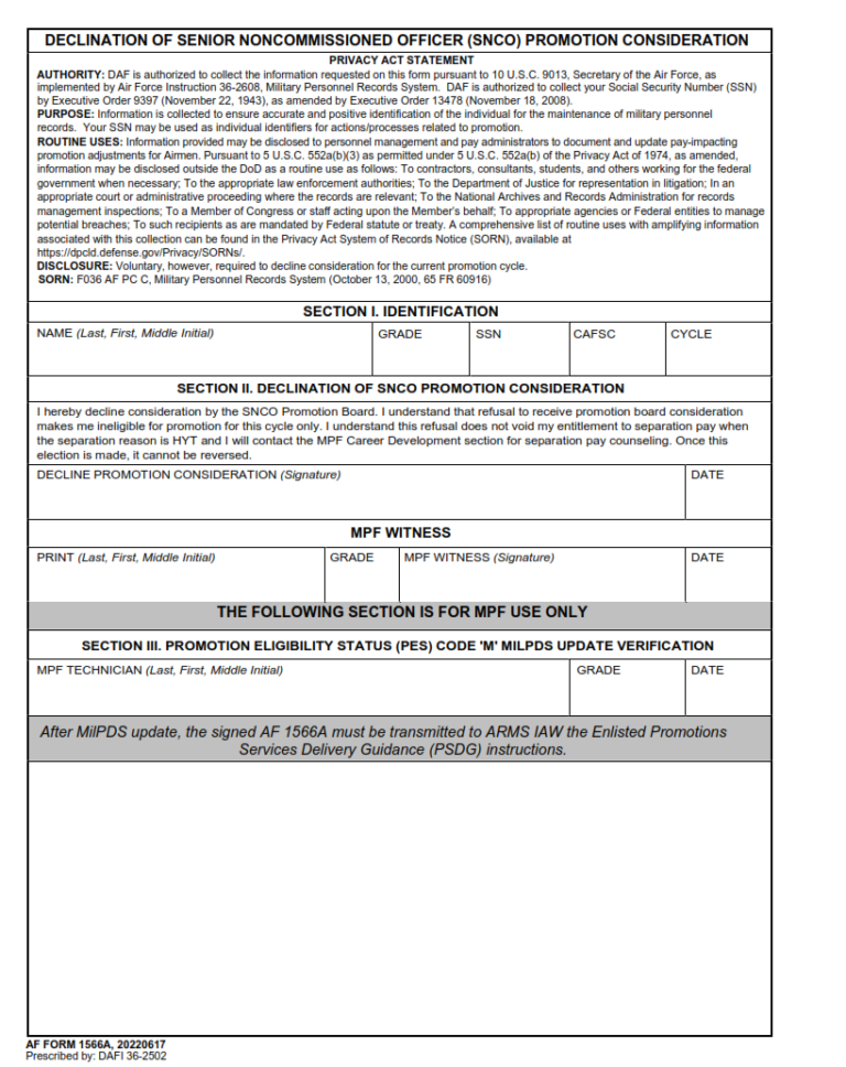AF Form 1566A – Declination Of Senior Noncommissioned Officer (Snco ...