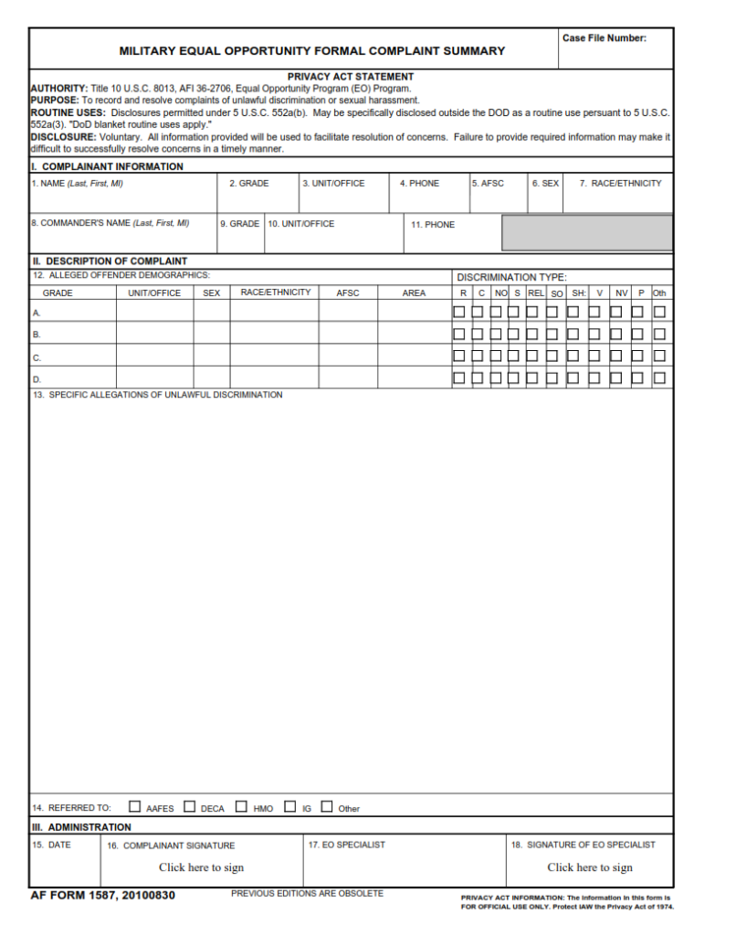 AF Form 1587 – Military Equal Opportunity Formal Complaint Summary ...