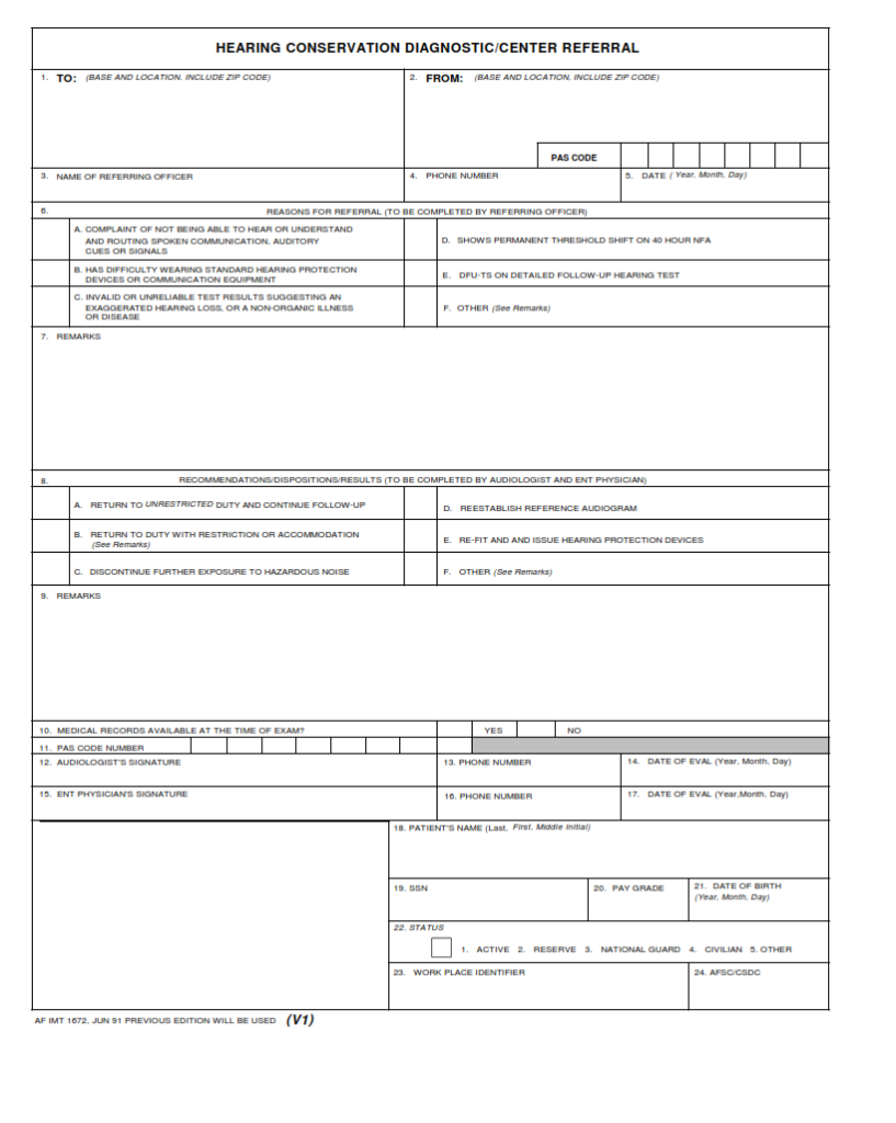 AF Form 1672 – Hearing Conservation Diagnostic Center Referral | Finder Doc