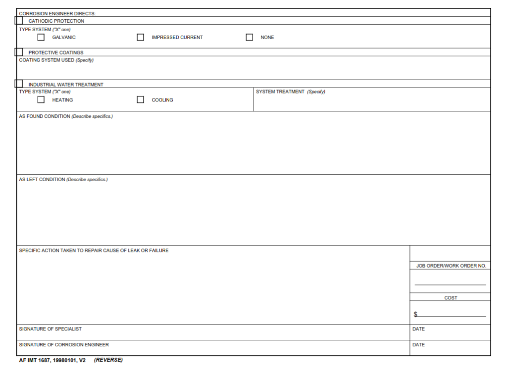 AF Form 1687 – Leak/Failure Data Record Resource Advocacy/Corrosion ...