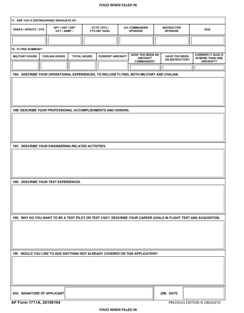 AF Form 1711A – Usaf Test Pilot School Application For Rated Personnel ...