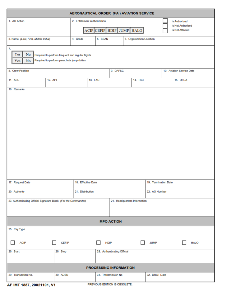 AF Form 1887 – Aeronautical Order (Pa) Aviation Service | Finder Doc