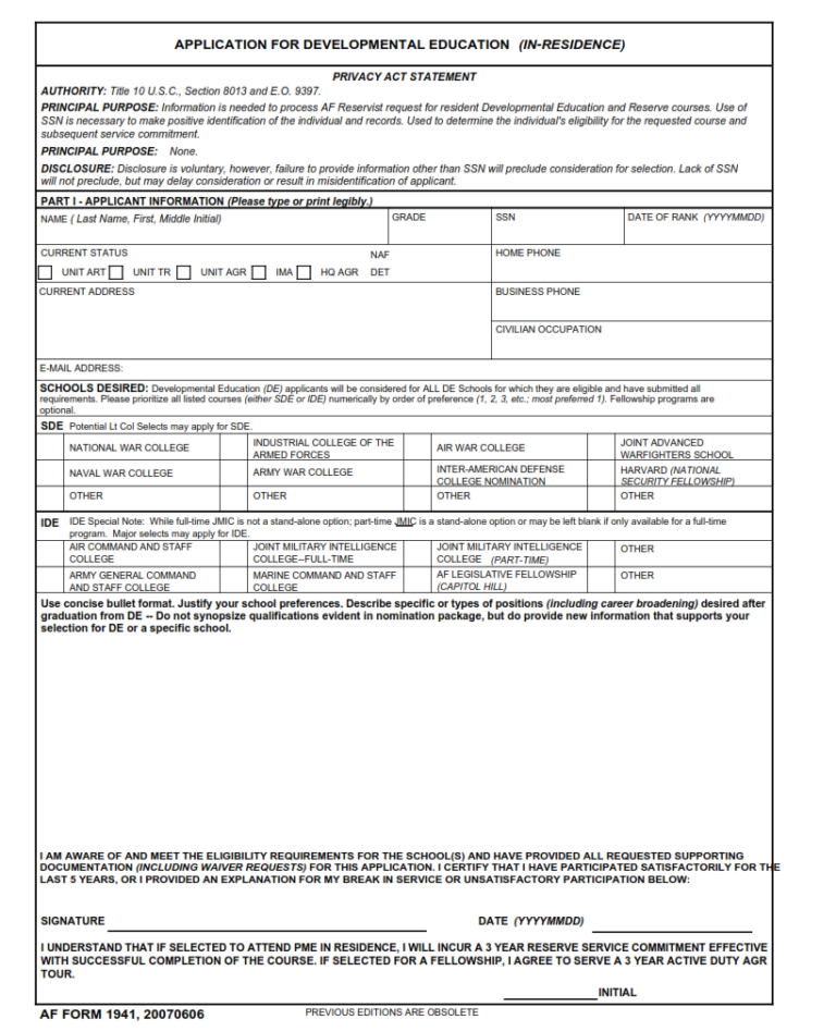 AF Form 1941 – Application For Developmental Education (In-Residence ...