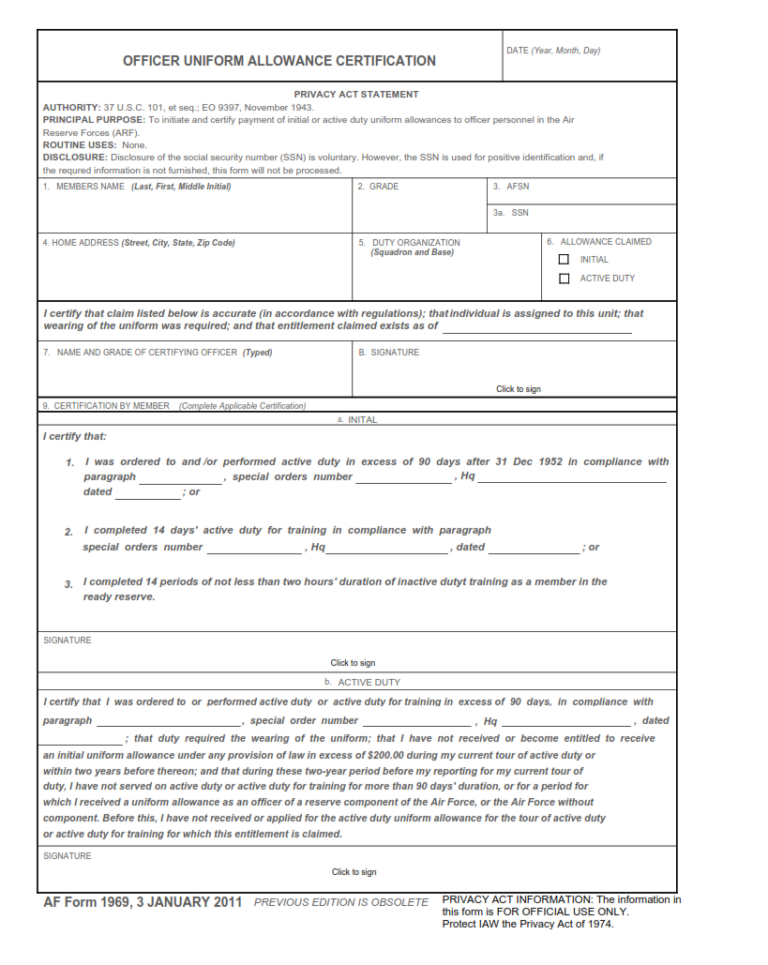 AF Form 1969 – Officer Uniform Allowance Certification | Finder Doc