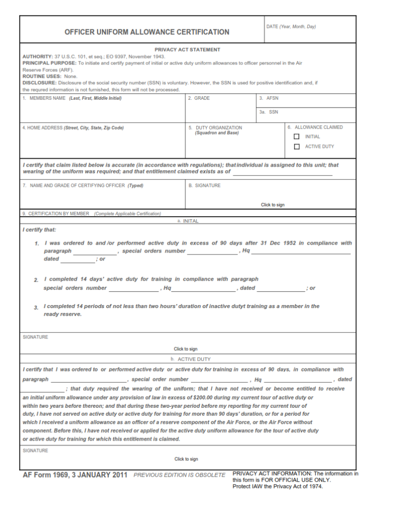 AF Form 1969 – Officer Uniform Allowance Certification | Finder Doc
