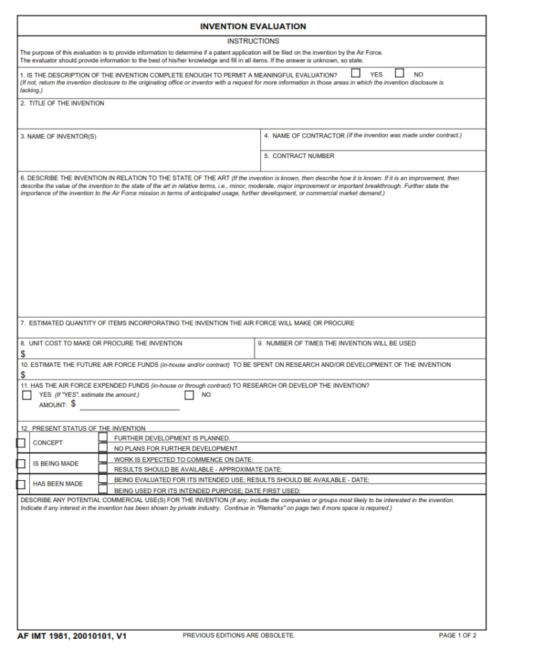 AF Form 1981 – Invention Evaluation | Finder Doc