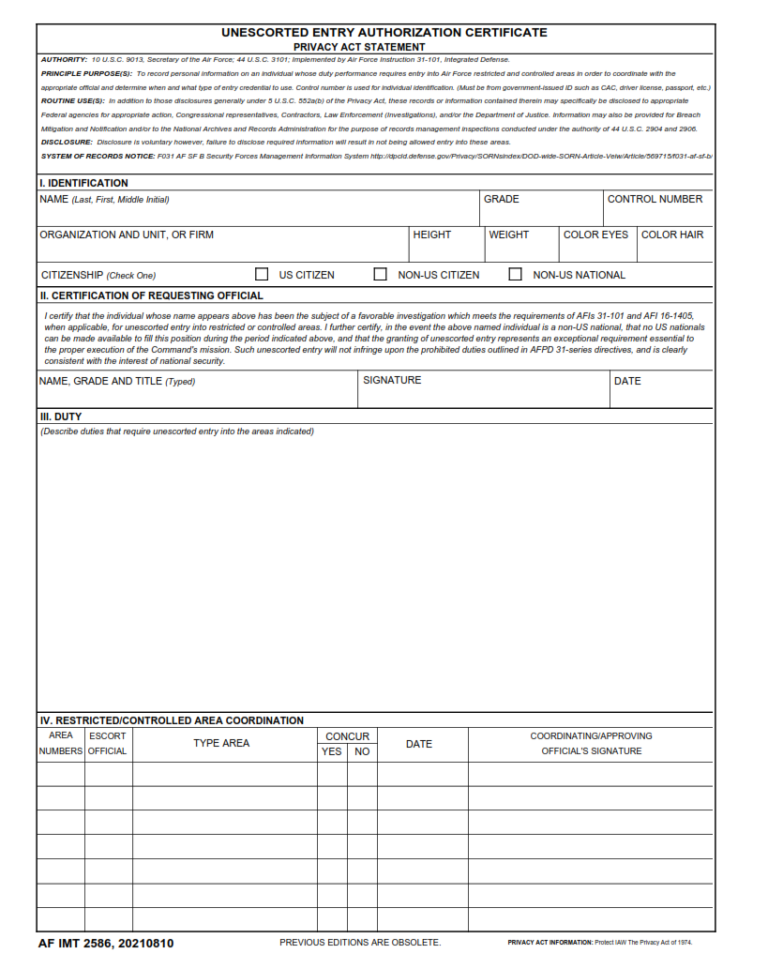 AF Form 2586 – Unescorted Entry Authorization Certificate | Finder Doc