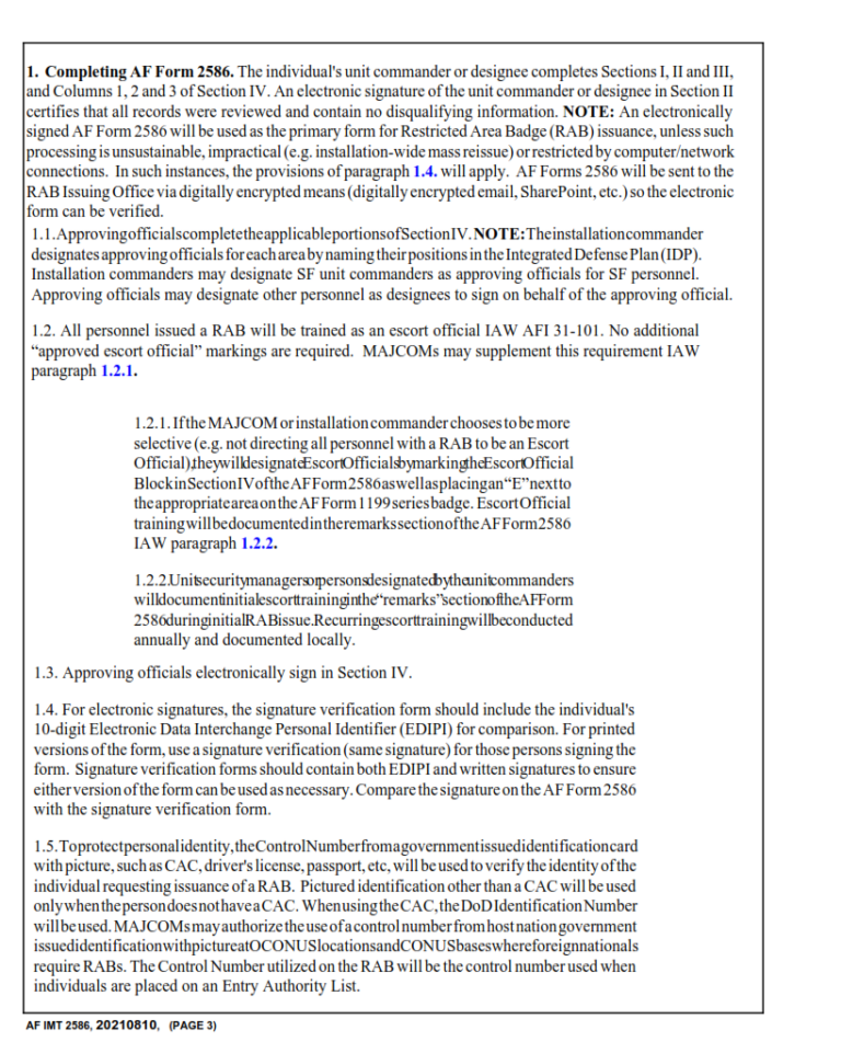 AF Form 2586 – Unescorted Entry Authorization Certificate | Finder Doc