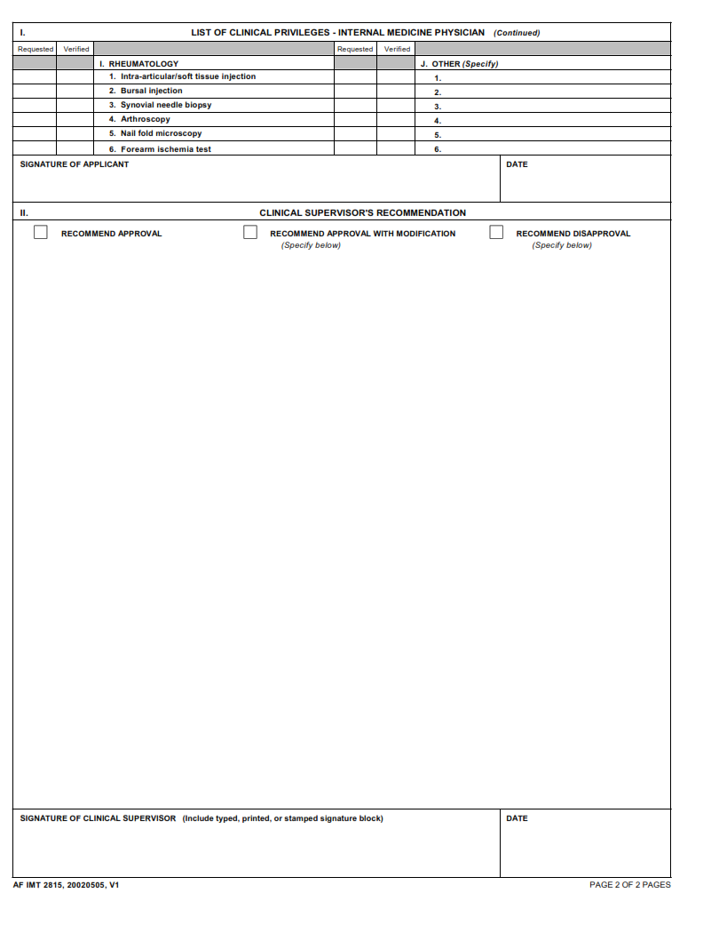 AF Form 2815 – Clinical Privileges – Internal Medicine Physician ...