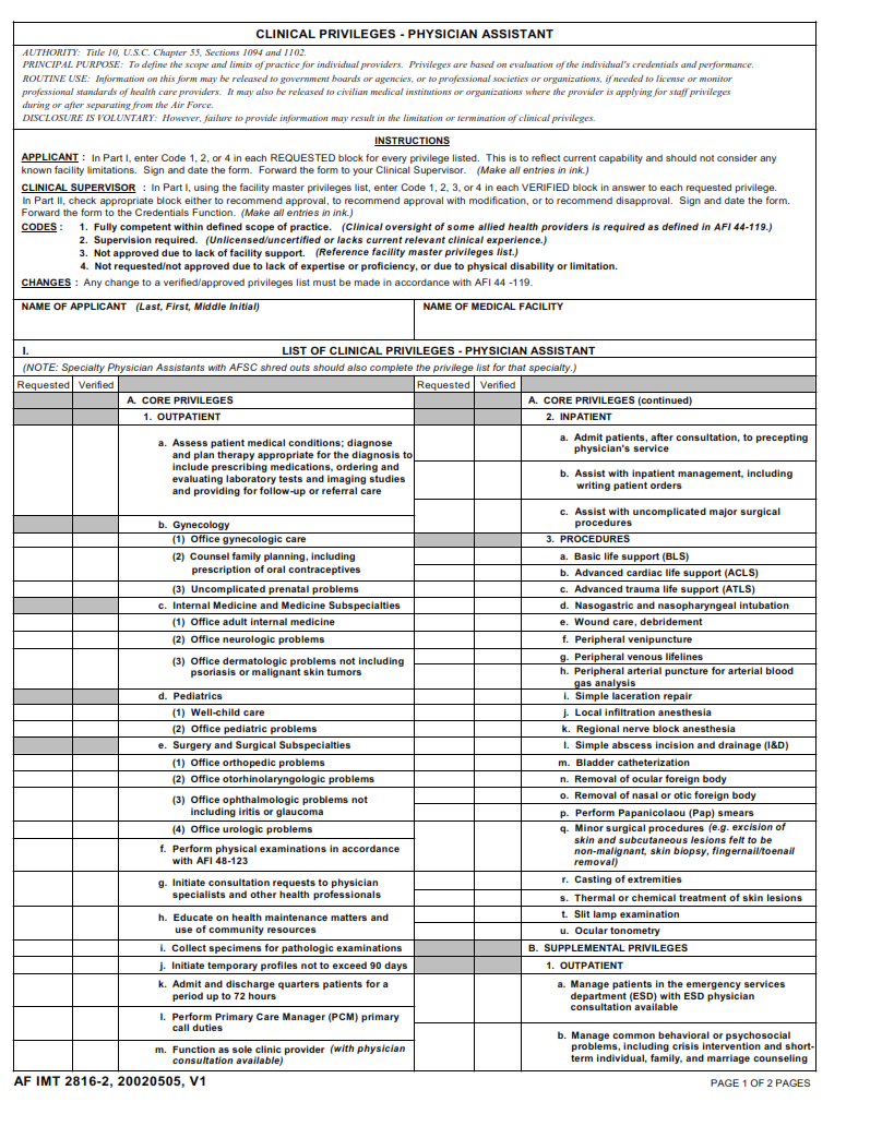 AF Form 2816-2 – Clinical Privileges – Physician Assistant | Finder Doc