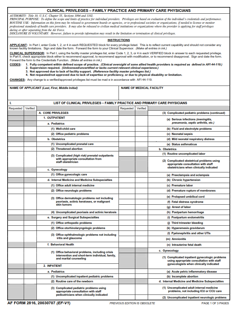 AF Form 2816 – Clinical Privileges – Family Practice And Primary ...