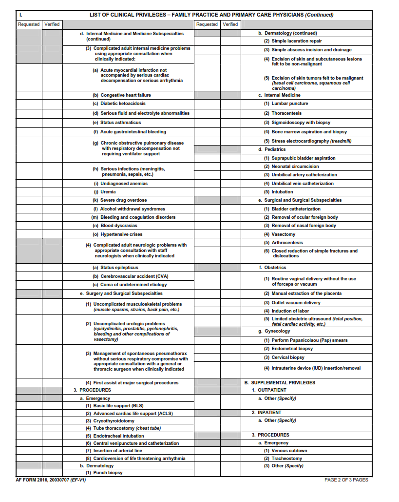 AF Form 2816 – Clinical Privileges – Family Practice And Primary ...