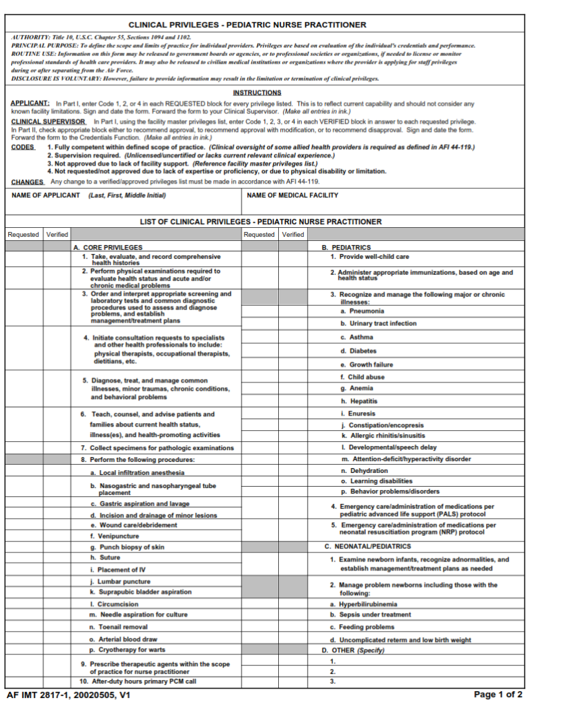 AF Form 2817-1 – Clinical Privileges – Pediatric Nurse Practitioner ...