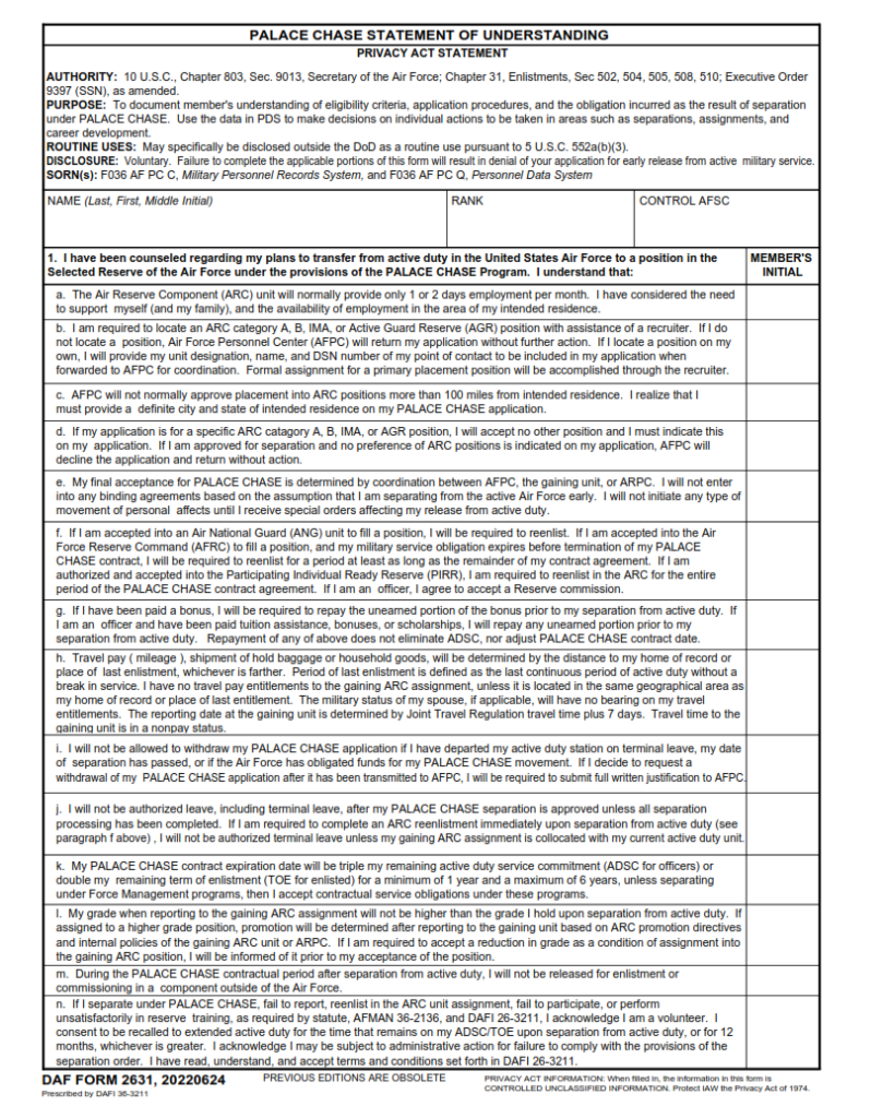DAF Form 2631 – Palace Chase Statement Of Understanding | Finder Doc