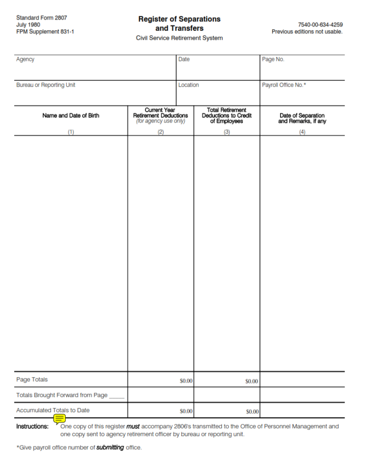 SF Form 2807 – Register of Separations and Transfers Civil Service ...