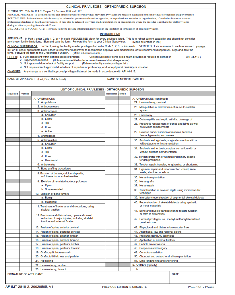 AF Form 2818-2 – Clinical Privileges – Orthopaedic Surgeon | Finder Doc