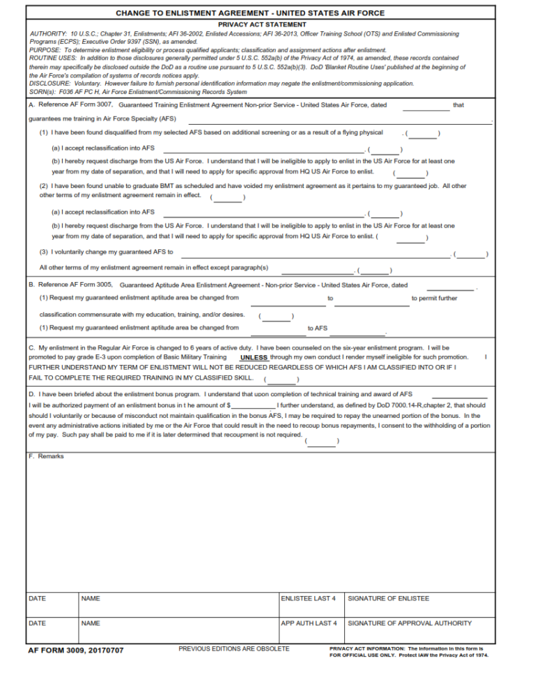 AF Form 3009 – Change To Enlistment Agreement – United States Air Force ...