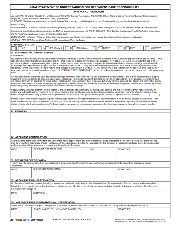 AF Form 3010 – Usaf Statement Of Understanding For Dependent Care ...