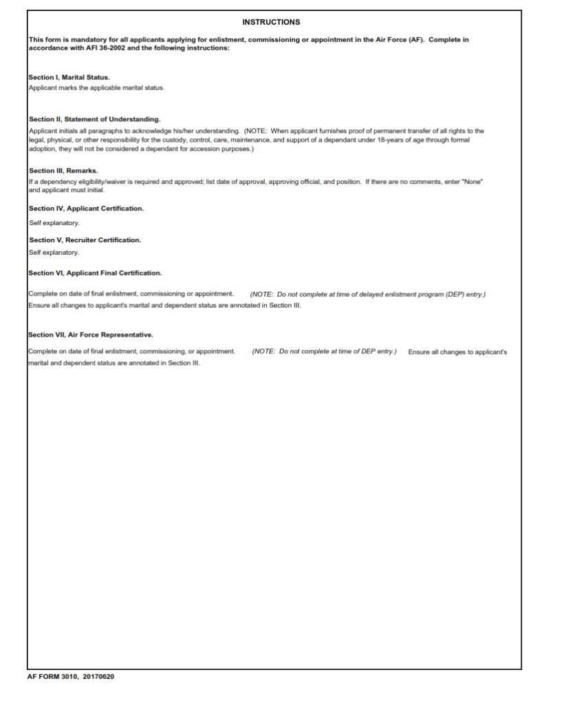 AF Form 3010 – Usaf Statement Of Understanding For Dependent Care ...